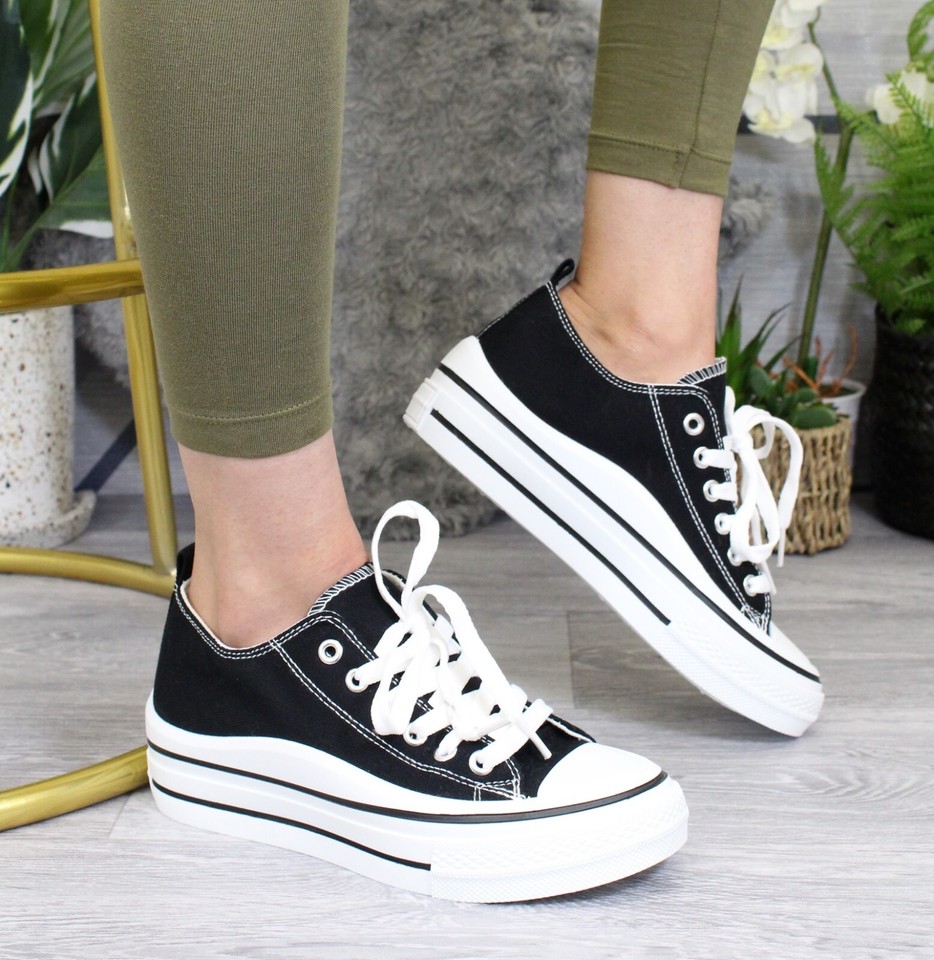 Ladies Canvas Trainers Platform Sneakers Plimsolls Lace Up Pumps Women ...
