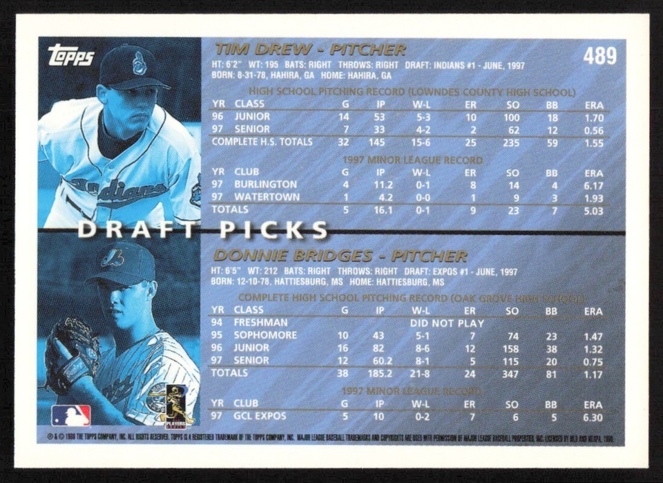 1998 Topps Baseball Draft Picks Tim Drew/Donnie Bridges RC #489 Indians ...