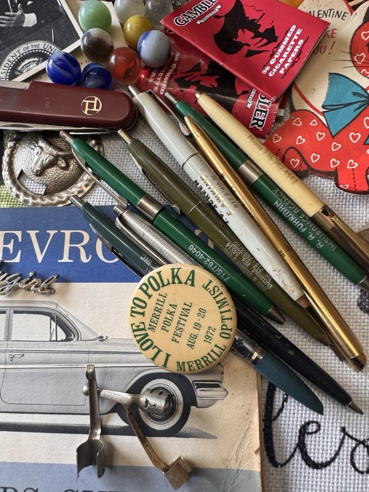 Trinket Junk Treasure Drawer Lot Vintage Pens Matches Chevy Marbles ...
