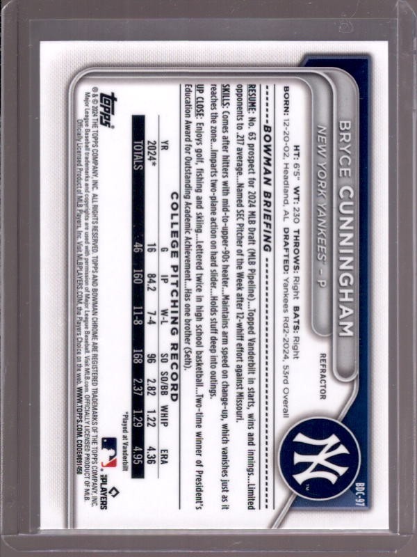 BRYCE CUNNINGHAM 2024 Bowman Draft 1st #BDC-97 Refractor Rookie RC | eBay