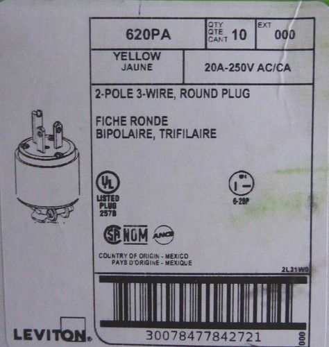Leviton 1 620PA Round Plug 2-Pole 3-Wire 20A - 250V AC/CA Yellow ~ Qty ...