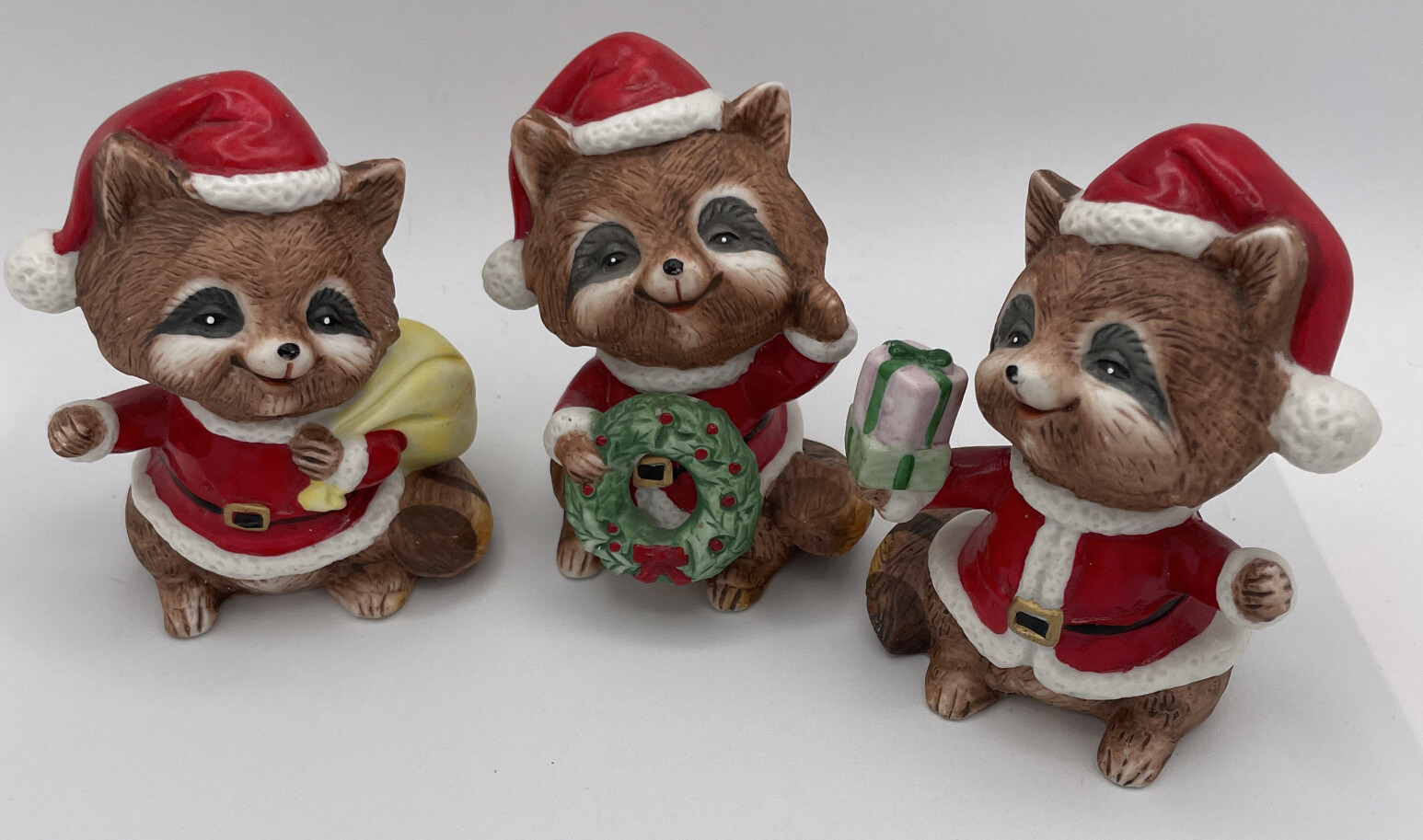 Vintage Set of 3 HOMCO #5611 Christmas Santa Racoon Porcelain Figurines ...