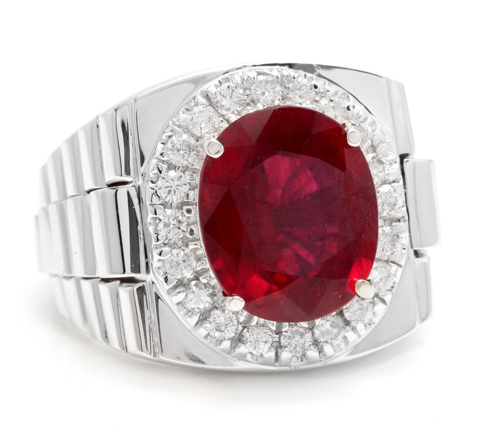 3.10Ct Oval Cut Lab Created Red Ruby & Diamond Men's Ring 14K White ...