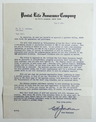 Postal Life Insurance Company Letterhead Insurance Pitch NYC 1933 | eBay