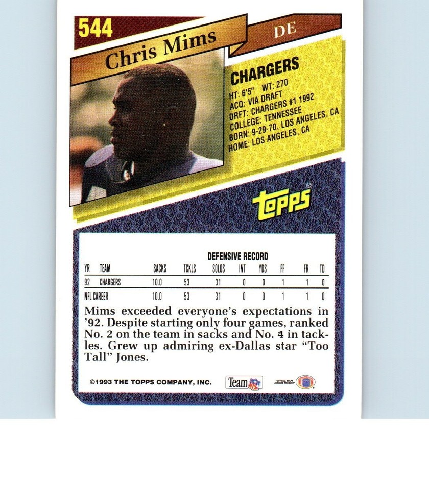 Chris Mims 544 Chargers 1993 Topps NFL Football Trading Card | eBay