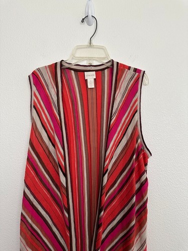 Chico's Women's Mitered Stripe Pattern Vest Long Line Open Front Pink Sz Medium | eBay
