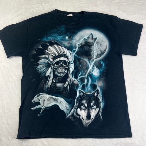 Vintage T-Shirt Mens Large Black Skull Native Indian Wolf Pack Wolves ...