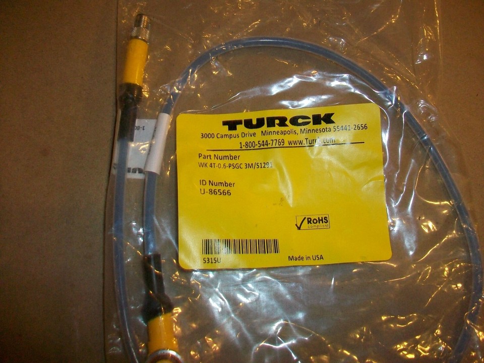 Turck Molded Cordset WK 4T-0.6-PSGC 3M/S1291 U-86566 3 POLE NEW IN BAG ...