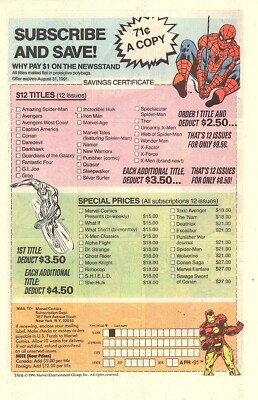 1991 MARVEL COMICS SUBSCRIPTION FORM PRINT AD - SPIDERMAN SILVER SURFER ...