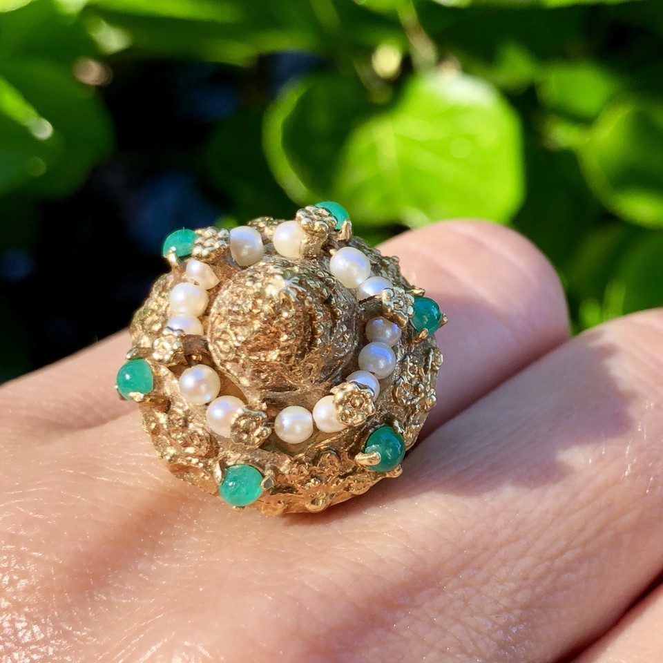 Etruscan Revival 14K Yellow Gold Seed Pearl Emerald Cab Thai Princess ...