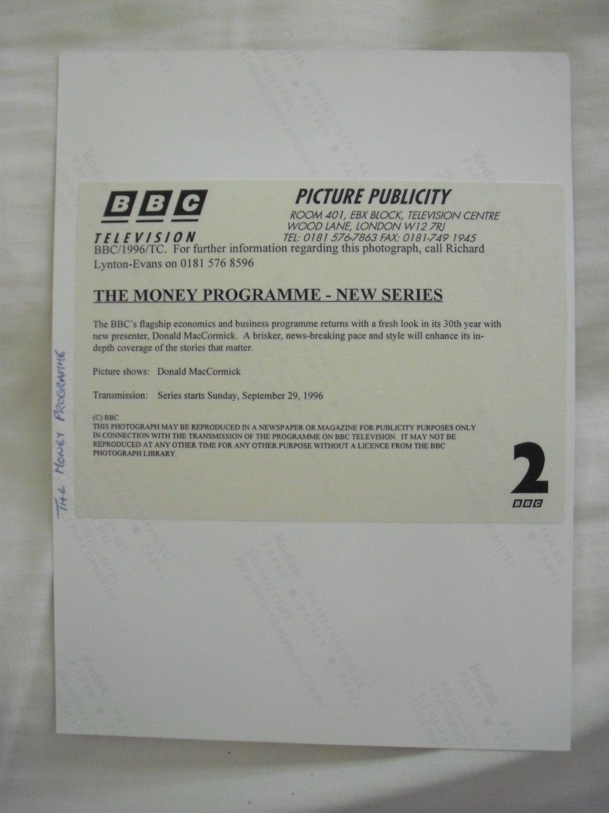 Original Press BBC Photo The Money Programme Donald MacCormick 29.9. ...