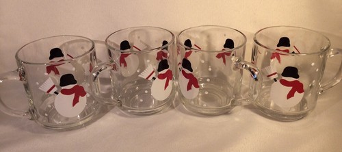 Snowman Mugs Snowmen Luminarc Glass 4 Set Winter Holiday Cups | eBay