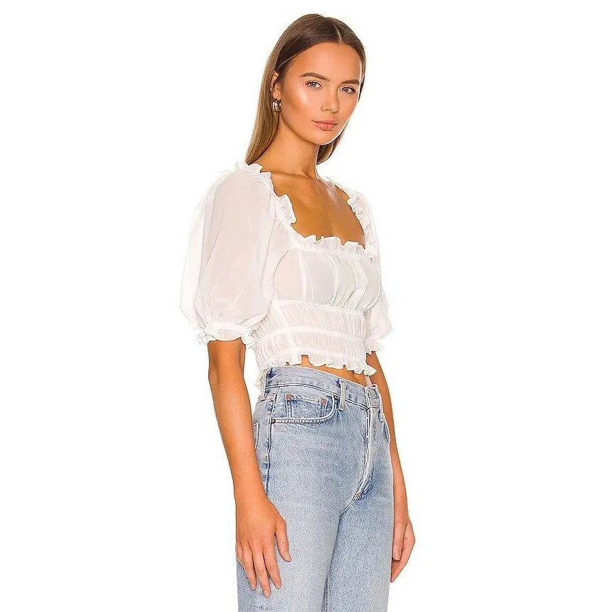 More To Come Monique Puff Sleeve Smocked Crop Top White Small Sheer ...