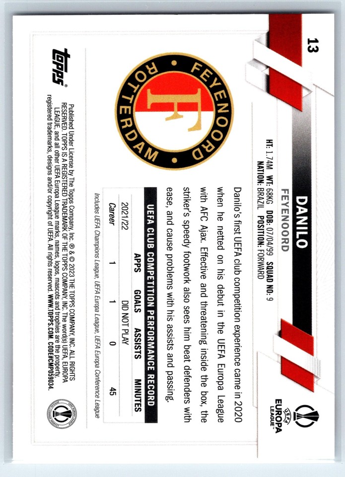 Danilo 2022 Topps UEFA RC Feyenoord #13 | eBay