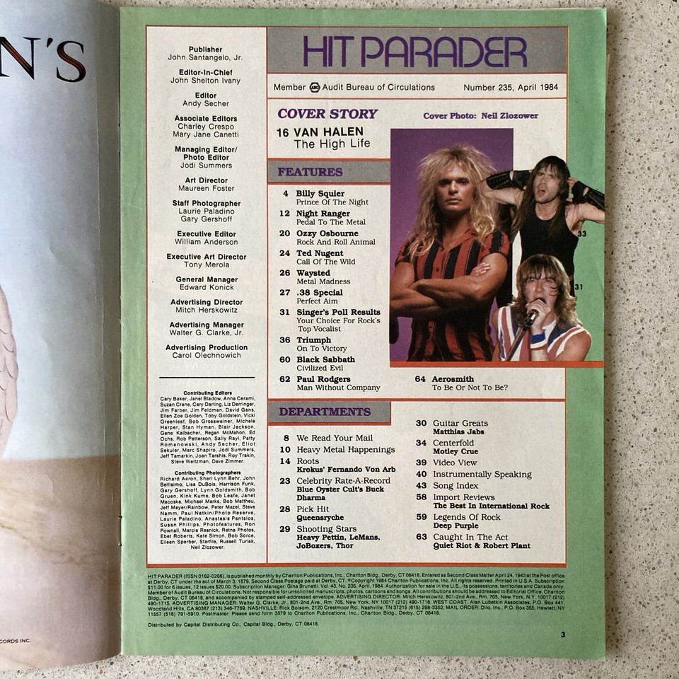 Hit Parader Magazine April 1984 David Lee Roth Van Halen / One Page Is ...