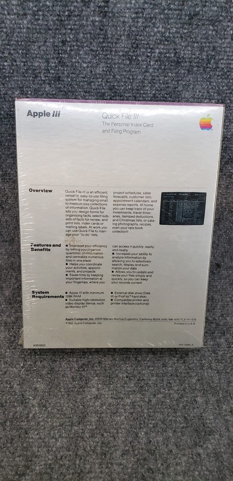 Apple III QuickFile III Software New In Box Vintage Apple 1982 Computer ...