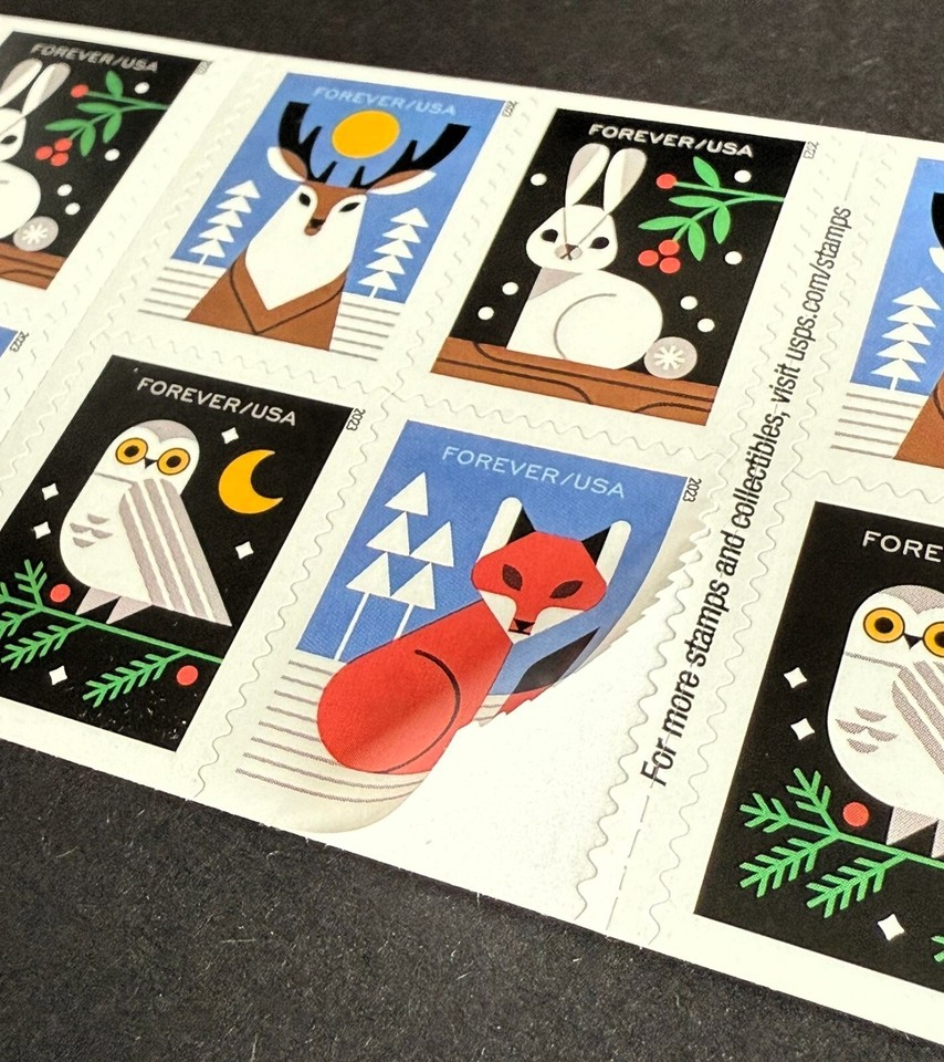 USA 2023 Stamps MNH Booklet Forever Winter Woodland Animals Block Sheet ...