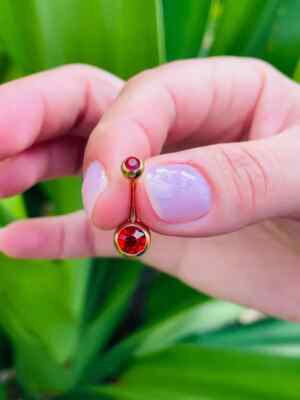 14k Solid Gold Belly Button Navel Ring Gem Red Ruby Gold Piercing ...