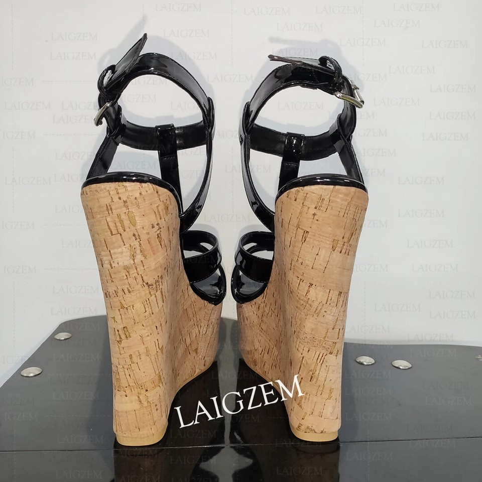 Women Platform Wedges Peep Toe Sandals Shiny High Heels Strappy Pumps ...