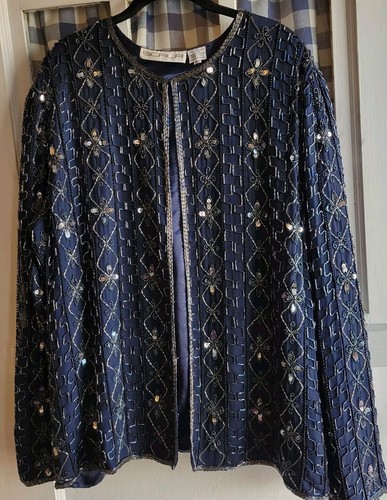 Scala Designer Women's Blue Beaded Sequined Jacket Blazer Cardigan Plus ...