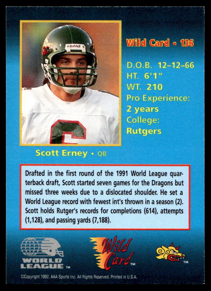 1992 Wild Card WLAF 136 Scott Erney Barcelona Dragons Football Card | eBay