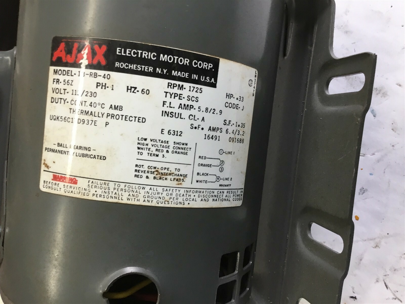 Ajax 13-Rb-40 .33 Hp Ac Motor 115/230 Volts 1725 Rpm 4P 56Z Frame ...