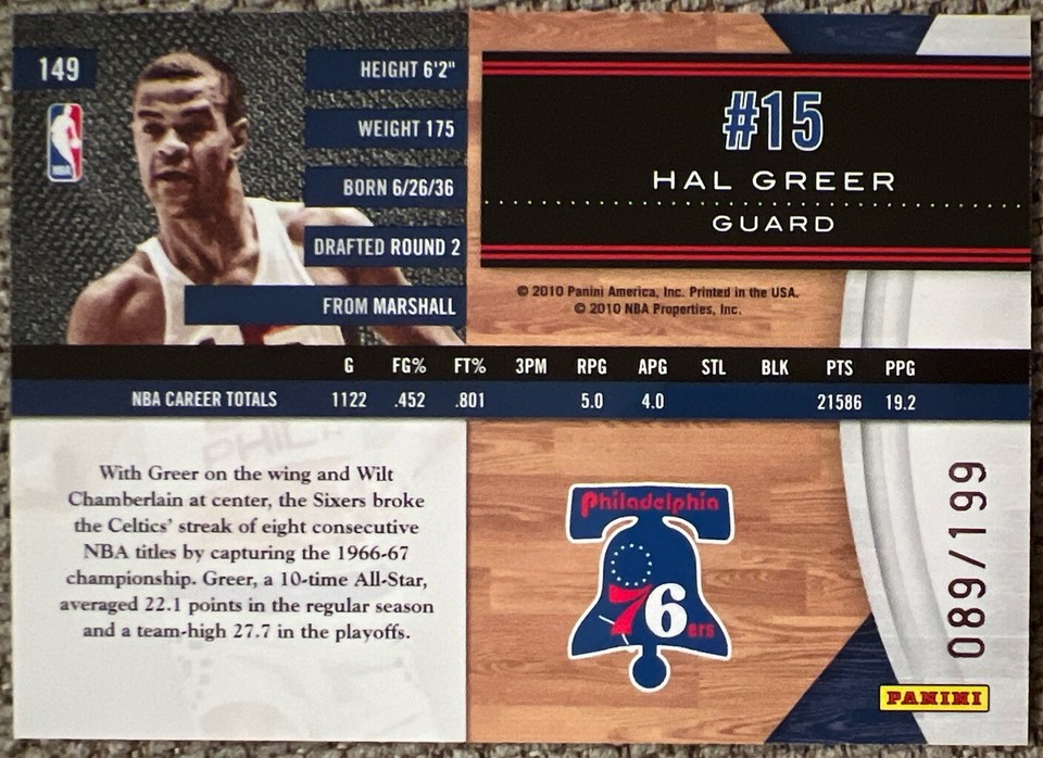 Hal Greer 2010-11 Panini Limited Legend Base #’D /199 #149 76ers ESE | eBay