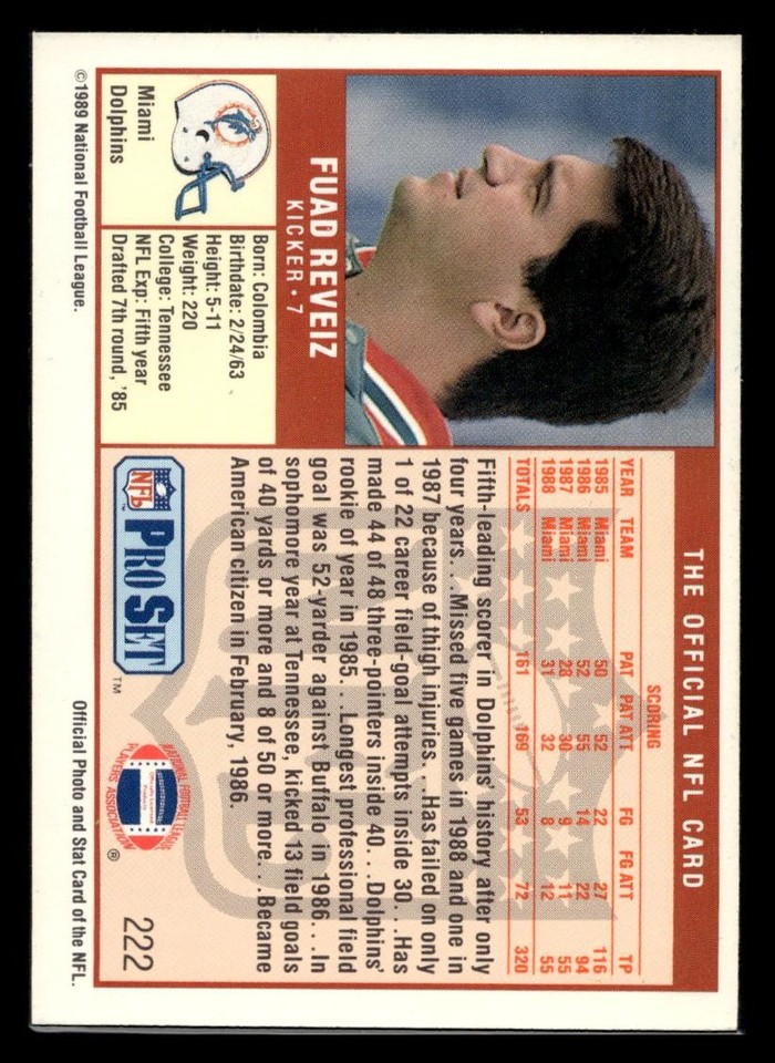 1989 Pro Set Football Card #222 Fuad Reveiz Miami Dolphins | eBay