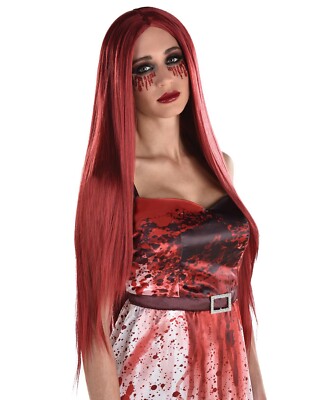 Blood Red Wig Zombie Girl Carrie Fancy Dress Halloween Adult Costume ...