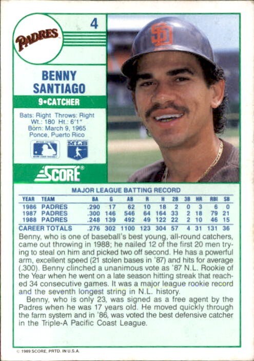 Benny Santiago 1989 Score Card #4 | eBay