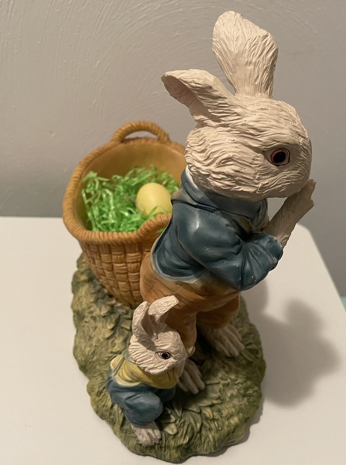 Vintage Chrisdon Bunny Rabbit w/Child & Basket Resin Figurine RARE Shhh ...