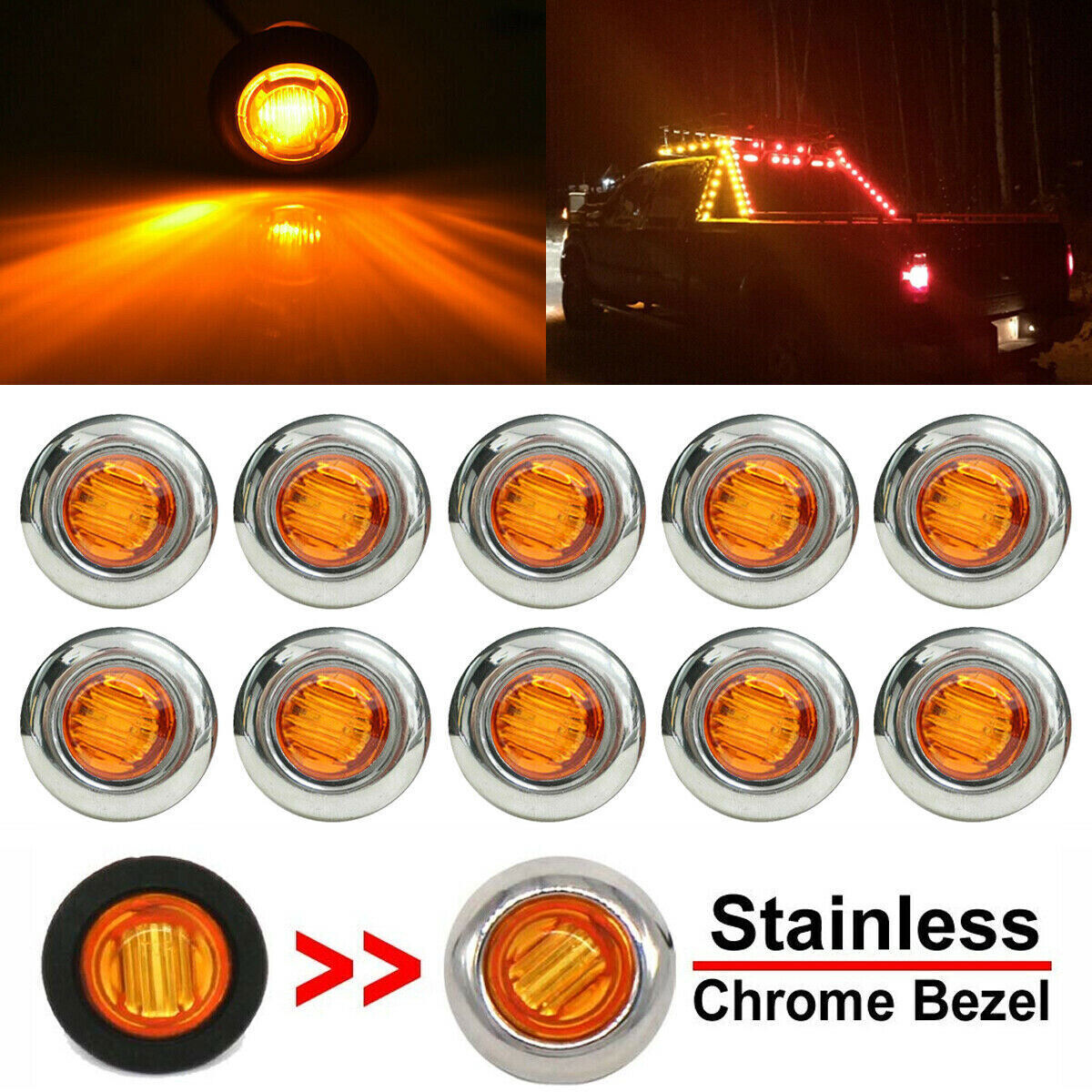 12V-24V 3/4" 3LED Small Round Side Marker Light Truck Trailer RV Car ...