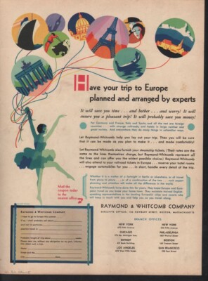 1931 RAYMOND WHITCOMB VACATION EUROPE TRAVEL BOSTON TOUR WHITTEN ART AD ...