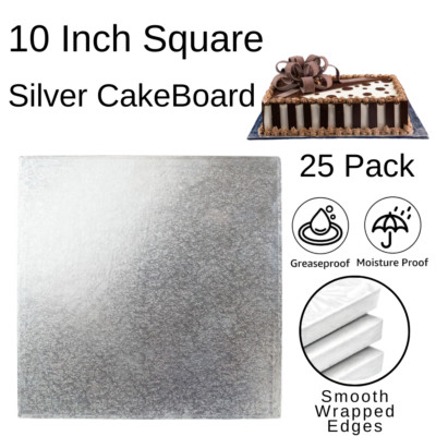 10 Inch Square Cake Boards 3mm Thick Strong Silver Cake Board - 25 ...