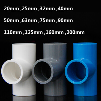 20mm to 200mm Tee PVC Plastic Adhesive Pipe Fittings T Connector White ...