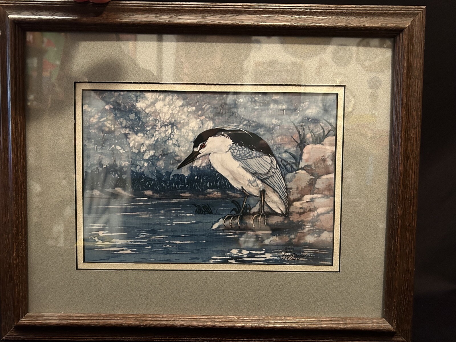 Vintage Beth Erlund Batik Print Blue Heron Kingfisher Water Bird Signed ...