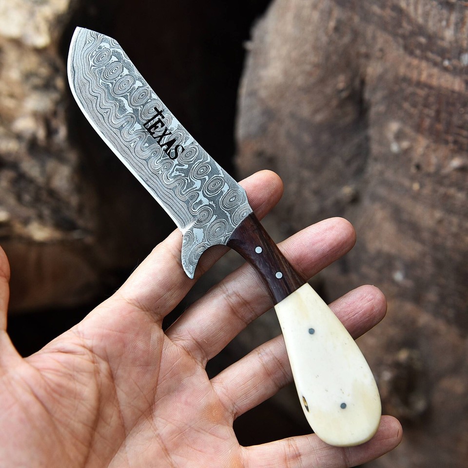 HAND FORGED DAMASCUS STEEL BULL CUTTER/COWBOY KNIFE & WOOD HANDLE AH ...