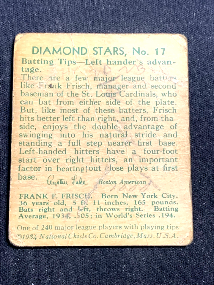 1934-36 DIAMOND STARS (R327) #17 FRANKIE FRISH CARDINALS LOW GRADE POOR ...