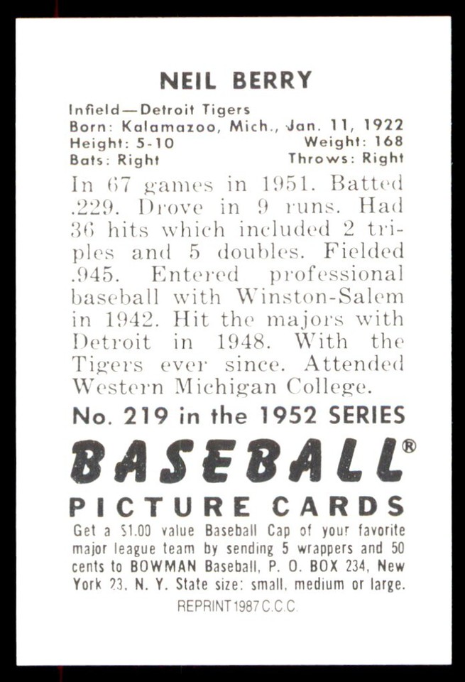 1987 CCC 1952 Bowman Reprint Neil Berry Detroit Tigers #219 | eBay