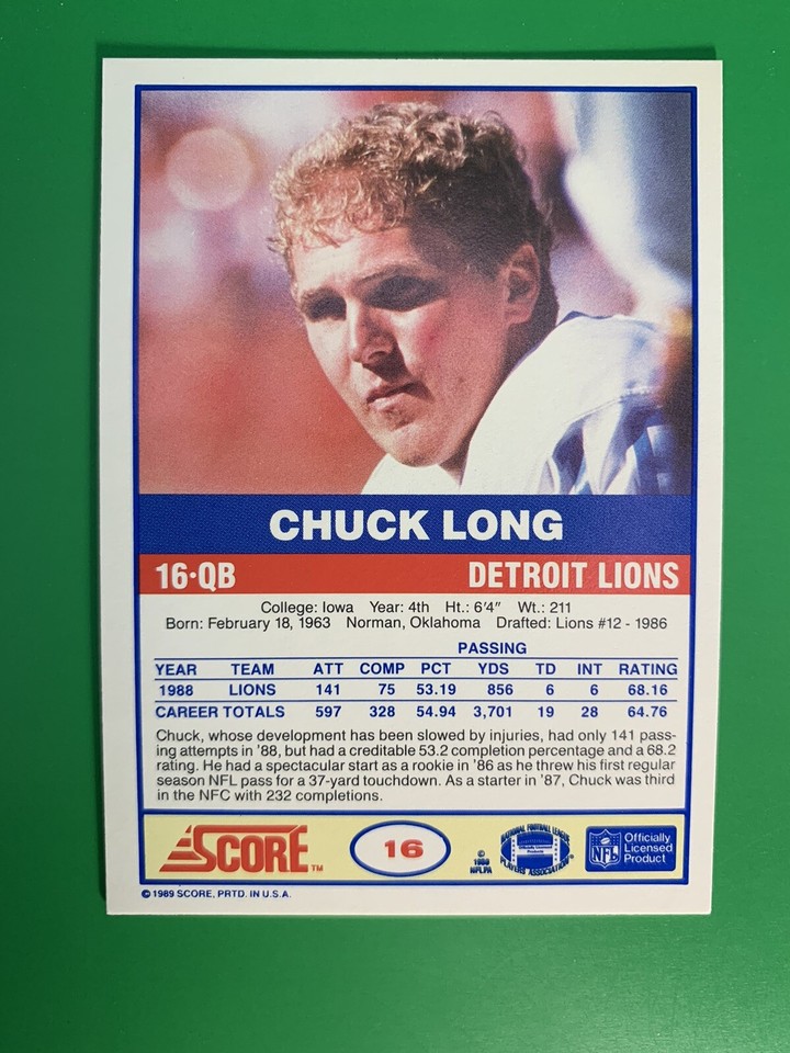 1989 Score Chuck Long #16 Detroit Lions | eBay