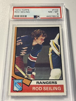 1974 Topps hockey card #102 Rod Seiling New York Rangers graded PSA 8 ...