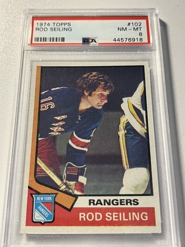 1974 Topps hockey card #102 Rod Seiling New York Rangers graded PSA 8 ...