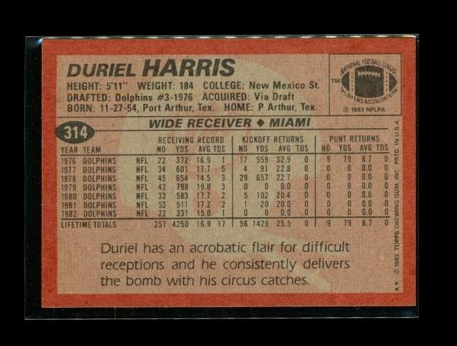 Vintage 1983 TOPPS Football Trading Card #314 DURIEL HARRIS Miami ...