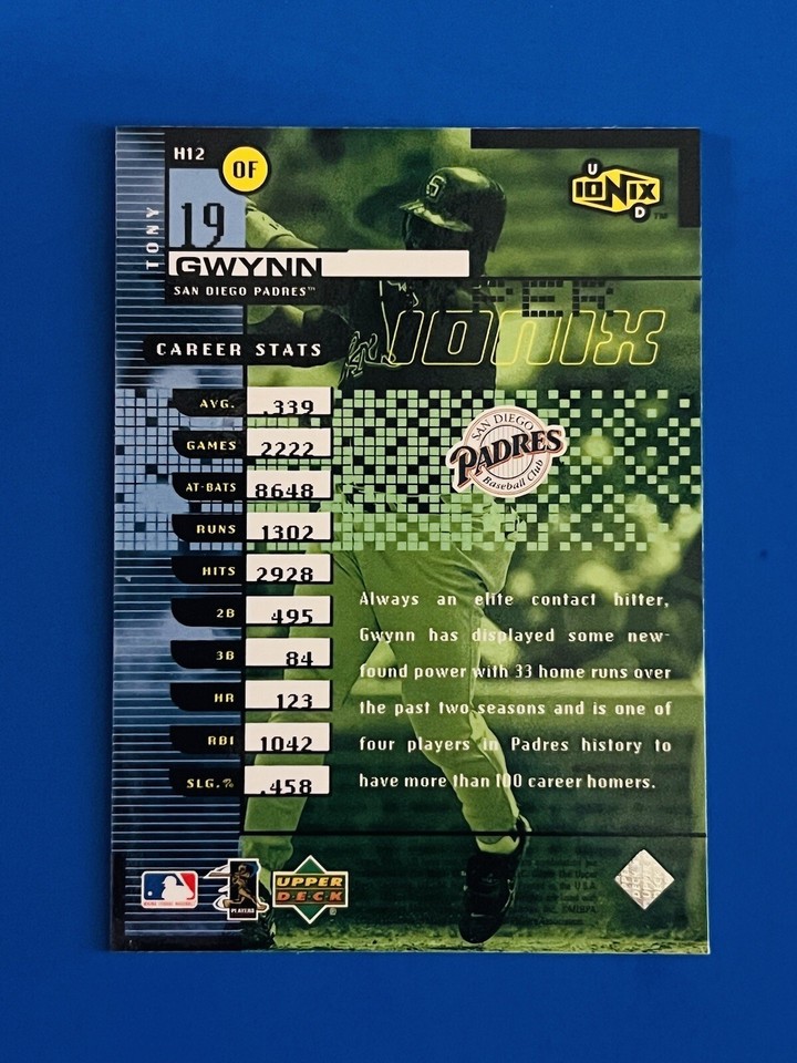 1999 Upper Deck Ionix Tony Gwynn Padres Hyper Baseball Insert Card #H12 ...