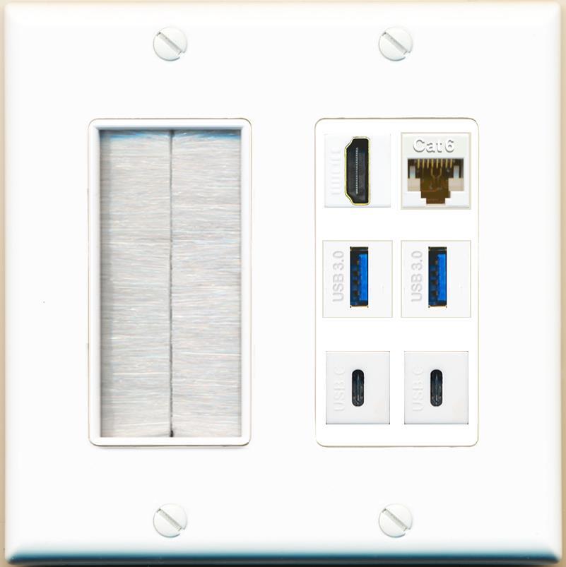 2 Gang Brush Wall Plate with 2 USBC USB3 1 HD + Cat6 Ethernet Brush ...