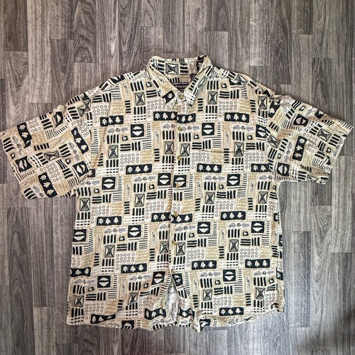 David Taylor 100% Silk Button Up Shirt Beige Black Print Mens XL | eBay