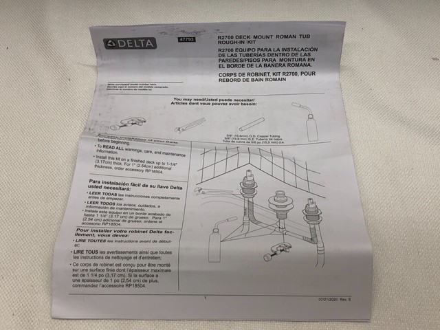 Delta Faucet Flexible Roman Tub Rough In Valve Set - R2700 for sale ...