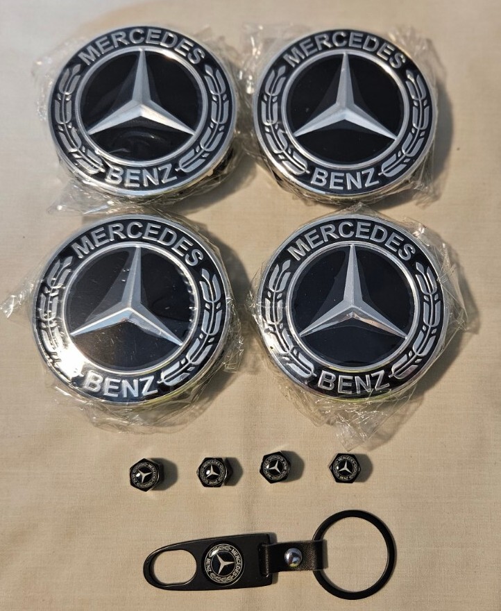 4 Pc- Mercedes Benz Wheel Center Caps, Black and Chrome, 4-Valve Caps ...