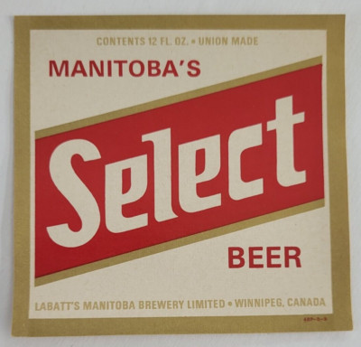 Manitoba's Select Beer Bottle Label 12oz Labatt's Brewery Winnipeg ...