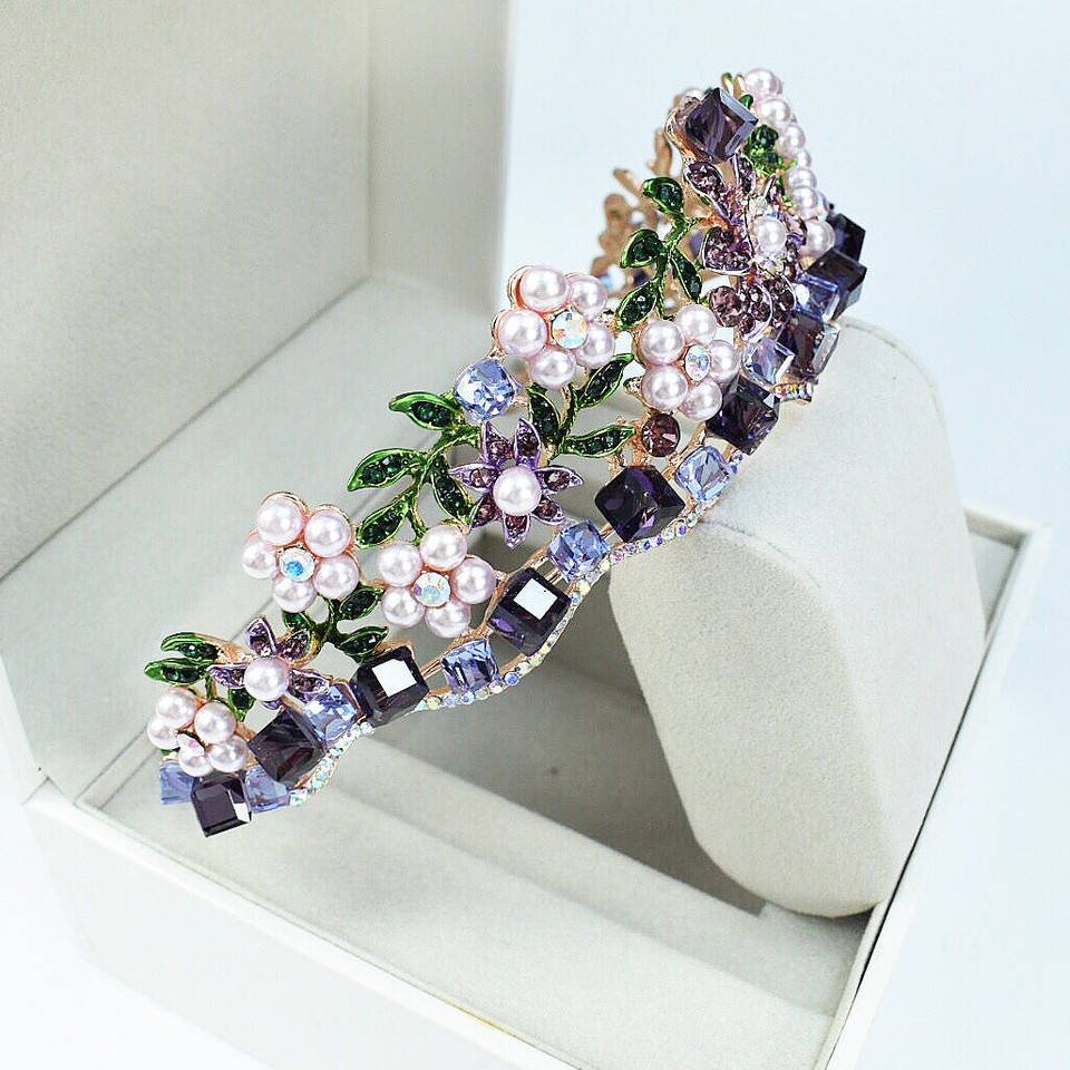 4.5cm High Prom Tiara Crown Purple Green Flower Crystal Wedding Queen ...